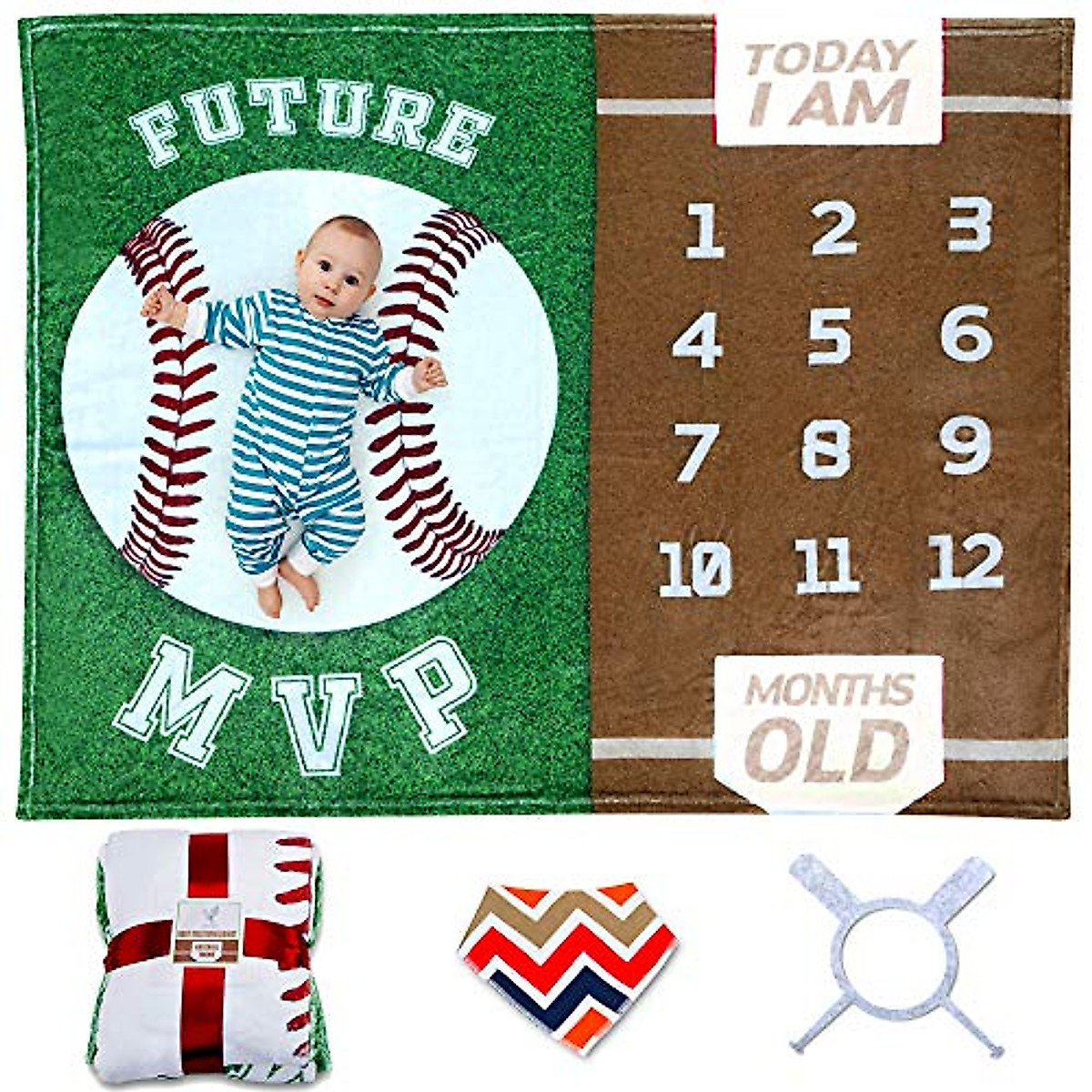 Sukoon Monthly Milestone Blanket for Baby Boy / Girl | Baseball Theme | Includes Frame and Bib | Large | 47"x40" | Personalized Baby Month Blanket for Newborn Baby Shower