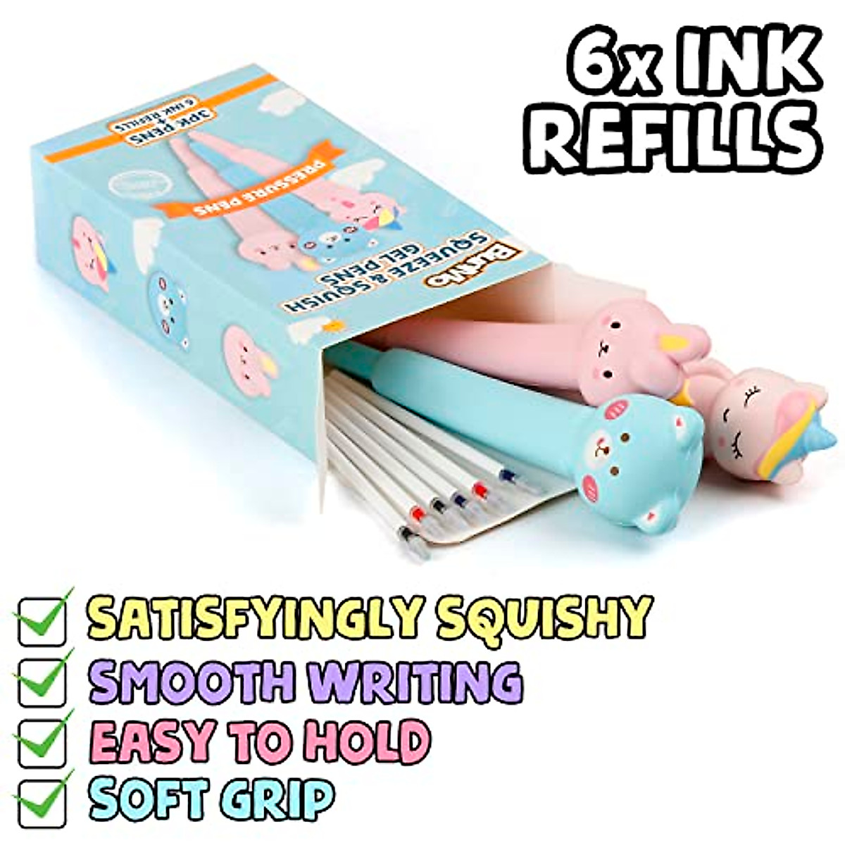 BUNMO Kawaii Pens Squishies 3pk | Hours of Creative Fun | Cute Squishy Pens | Great for Stress Relief | Tween Girls Toys | Fun Kids Stationary