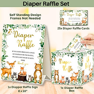 153 Pc Woodland Baby Shower Invitations For Boy And Girl With Envelopes, Baby Thank You Cards, Book Request Cards, Diaper Raffle Box With Ticket & Sign, Guess How Many Baby Shower Game -25 Guest Set