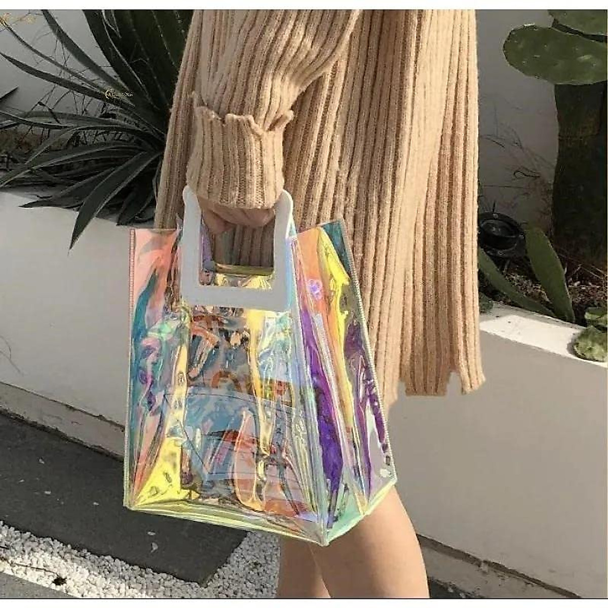 R-LOMU 5pcs Clear Iridescent Reusable Gift Bag 11 x 9.8 x 5.1 Inches Holographic Large Handbag Gift Wrap Bags Pvc with Handle for Party,Birthday,Christmas,Travel, Festival,Wedding, Shopping