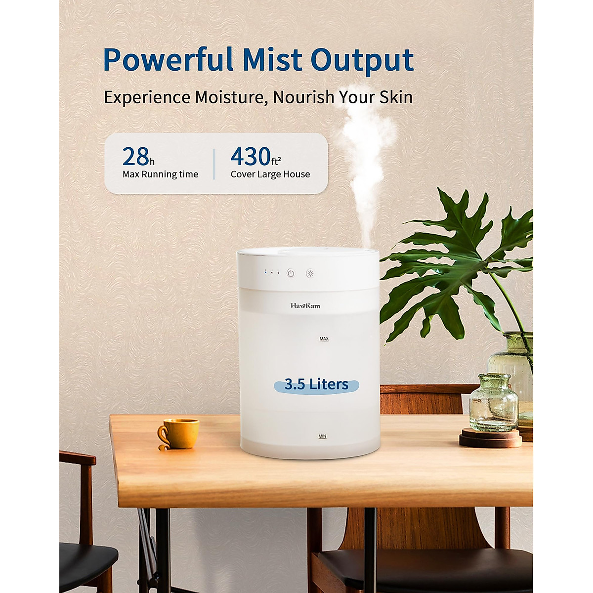 HawKam Humidifiers for Bedroom, 3.5L Cool Mist Humidifiers with Easy to Top Fill and Clean, Auto Shut-off, BPA-Free & 28H Runtime, Air Humidifier for Home Large Room Baby Nursery Plants & Offices