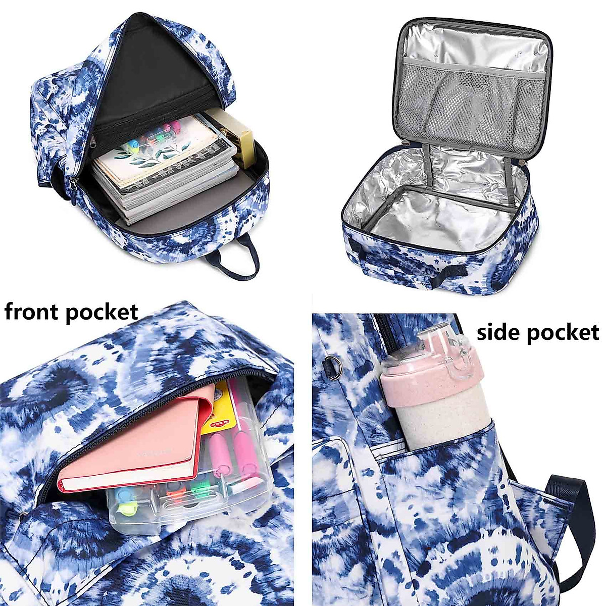 Baolab Tie Dye Backpack & Lunch Bag with Pen Case Water Resistant Daypacks Schoolbag for Teen Girls School,College,Outdoor (Black)