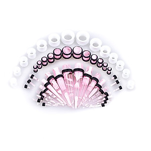 Memsion Ear Stretching Kit 50 Pieces Earrings 14Gauges-00Gauges Earrings Acrylic Tapers Plugs Silicone Tunnels Ear Gauges Expander Set Body Piercing kit Piercing Jewelry Marble Pink Color
