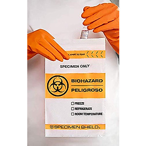 APQ Biohazard Specimen Bags 6 x 9, Orange and Black 3-Wall Biohazard Bags 100 Pack, Clear 2 Mil Bio Hazard Bags, Waterproof Plastic Zipper Bags with “Pull Apart to Tear” Line and Document Pouch