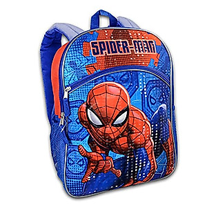 Kids Spiderman Backpack Set ~ 5 Pc Bundle with Deluxe 16 Inch Marvel School Bag, Lunchbox, Water Pouch, 200 Stickers and More (Superhero School Supplies for Boys and Girls)