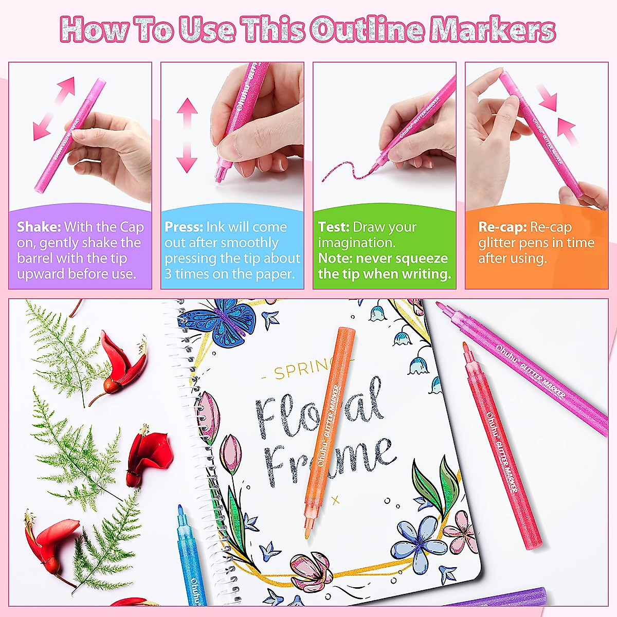 Ohuhu Glitter Markers Pen 12 Glitter Colors Metallic Marker Fine Point Tip Water-based Ink for Kids Adults DIY Crafts Greeting Birthday Cards Making Poster Album Scrapbooking Mugs Wood