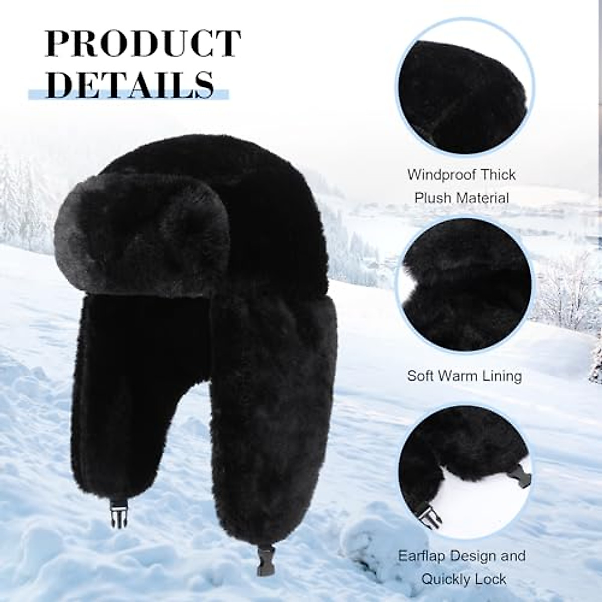 Twistover 2 Pcs Trapper Hat Furry Ushanka Russian Hat Warm Fluffy Hat Windproof Winter Hat Earflap Ski Hunting Hat Men Women(Black)