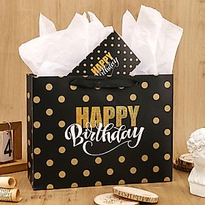 CAMKUZON Black Birthday Gift Bag with Card and Tissue Paper - Gold Foil Happy Birthday & Polka Dot Design - Large Gift Bags for Birthday Party, 13" X 10" X 5"