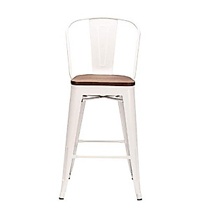 HAOBO Home Metal Bar Stools Modern Industrial Counter Height Stools Dining Chairs (24", High Back White Wooden Seat)[Set of 4]