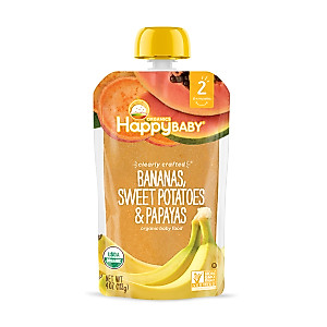 Happy Family Happy Baby Organic Clearly Crafted Stage 2 Baby Food Bananas, Sweet Potatoes & Papayas, 4 Pouch (Pack of 16), Banana Sweet Potato Yellow Papaya, 64 Oz