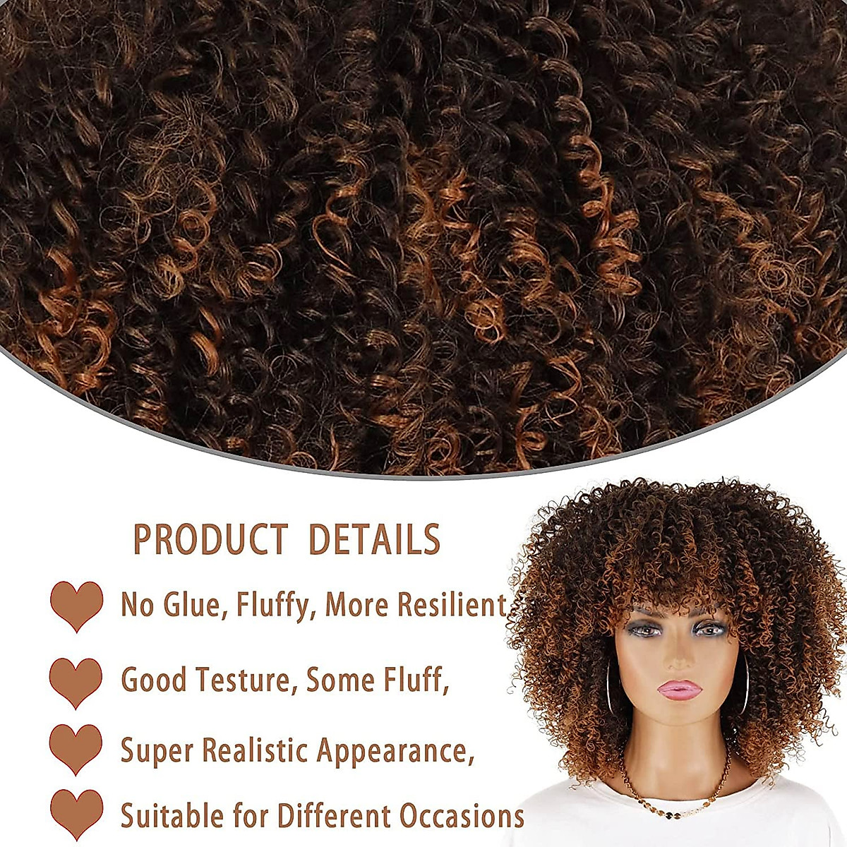 LINGHANG Short Curly Afro Wigs with Bangs for Black Women, Brown Afro Kinky Curly Wigs for Black Women Synthetic Heat Resistant Fluffy Brown Wigs (Ombre Brown)
