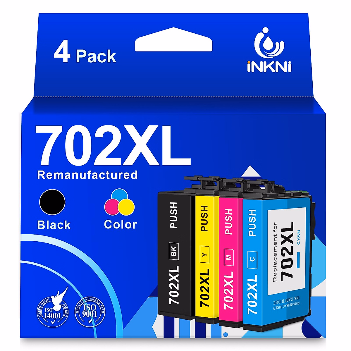 InkNI Remanufactured Ink Cartridge Replacement for Epson 702 702 XL 702XL High Yield for Workforce Pro WF-3720 WF-3730 WF-3733 Printer (Black, Cyan, Magenta, Yellow, 4-Pack)