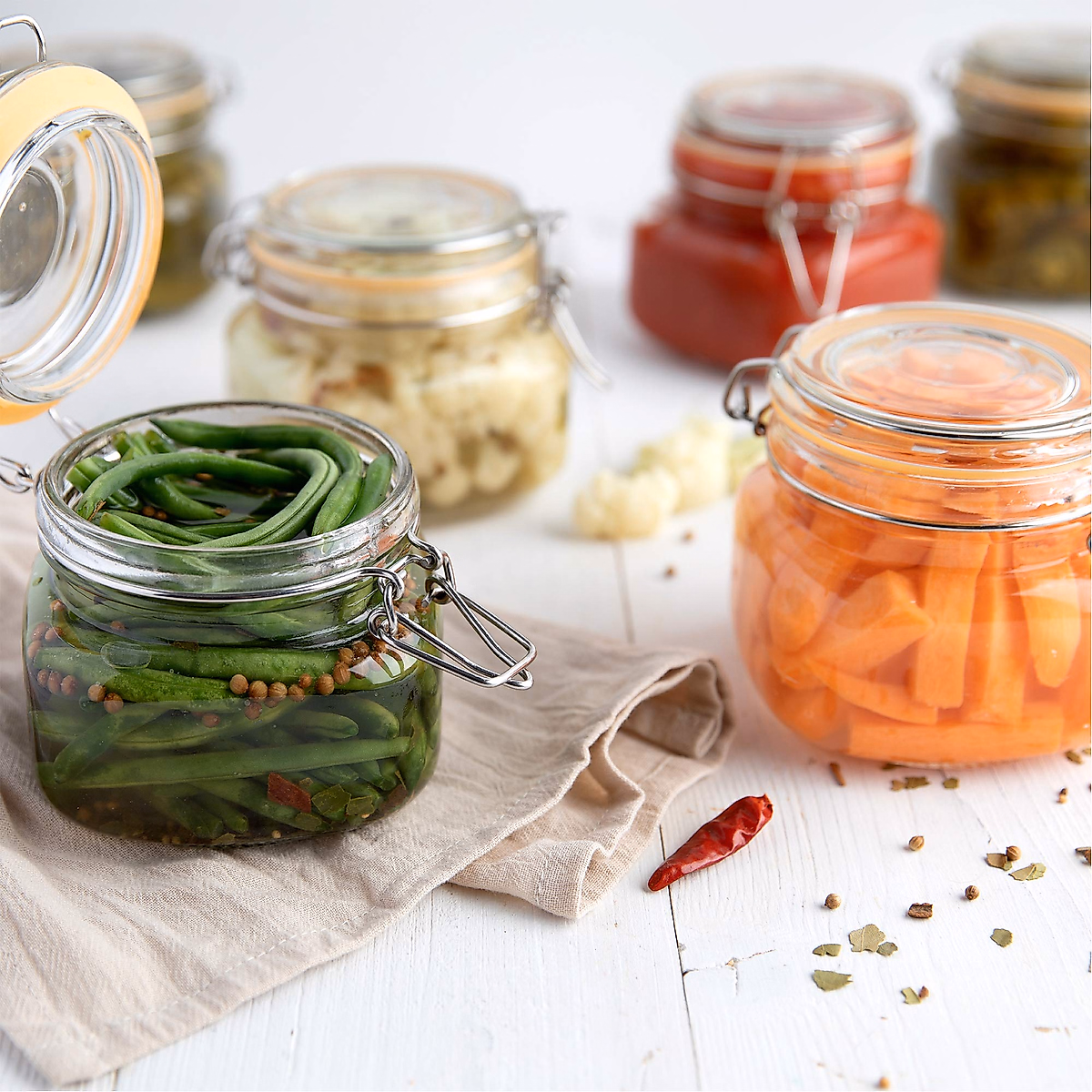 Glass Jars with Airtight Lid 16 oz | Glass Airtight Food Storage Containers | Clear Leak Proof Rubber Gasket and Clamp Lid [Set of 6]