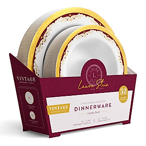 Laura Stein Designer Dinnerware Set | 64 Disposable Plastic Party Bowls | White Wedding Bowl with Burgundy Rim & Gold Accents | Set Includes 32 x 12 oz Soup Bowls + 32 x 5 oz Dessert Bowls | Vintage
