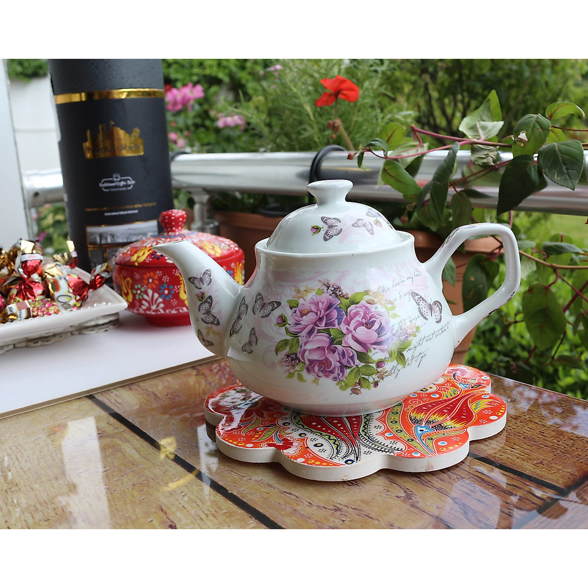 Küchengeräte 18 cm/7" inc Hand Painted Decorative Tulip Patterned Turkish Ceramic Trivet Coaster - Very Stylish - Scratch Proof Heat Resistant & Great Kitchen Home Office Decor - Best Gift Idea