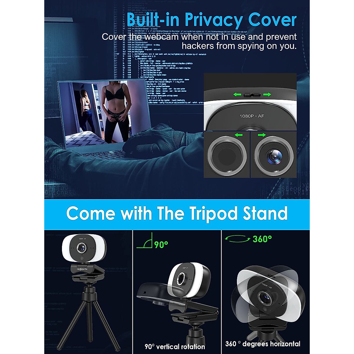 MOSONTH Webcam with Microphone, 60FPS Autofocus Computer Camera with 3 Light Colors, Web Camera with Built-in Privacy Cover, Tripod, Streaming Webcam for Conferencing, Teaching