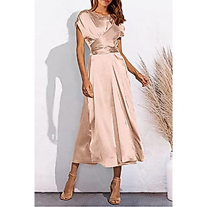 PRETTYGARDEN Women's 2023 Summer Satin Midi Dress Cap Sleeve Tie Waist Elegant A-Line Flowy Dresses (Champagne,Small)