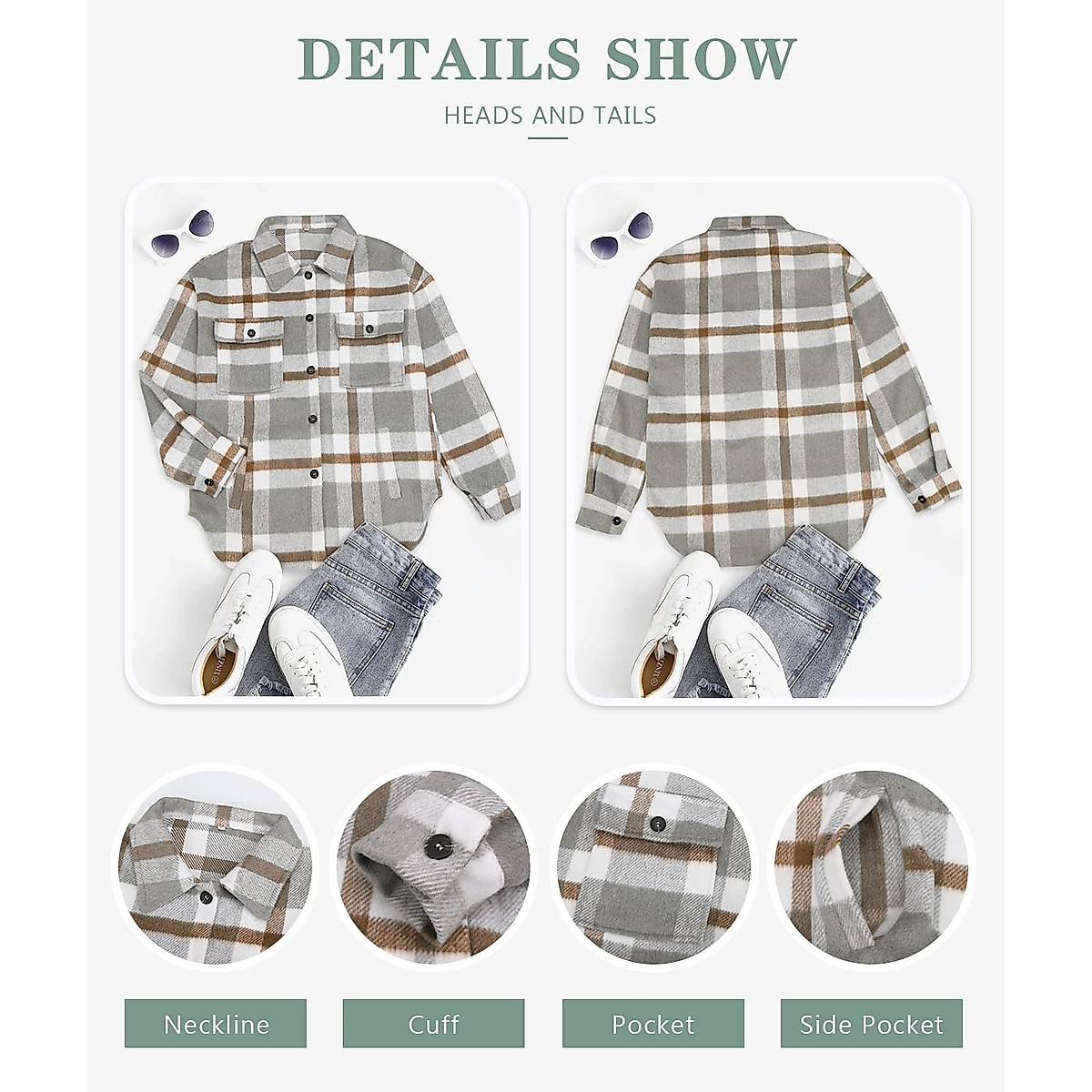 Beaully Women's Brushed Plaid Shirts Long Sleeve Flannel Lapel Button Down Pocketed Shacket Jacket Coats 6017 Khaki Large