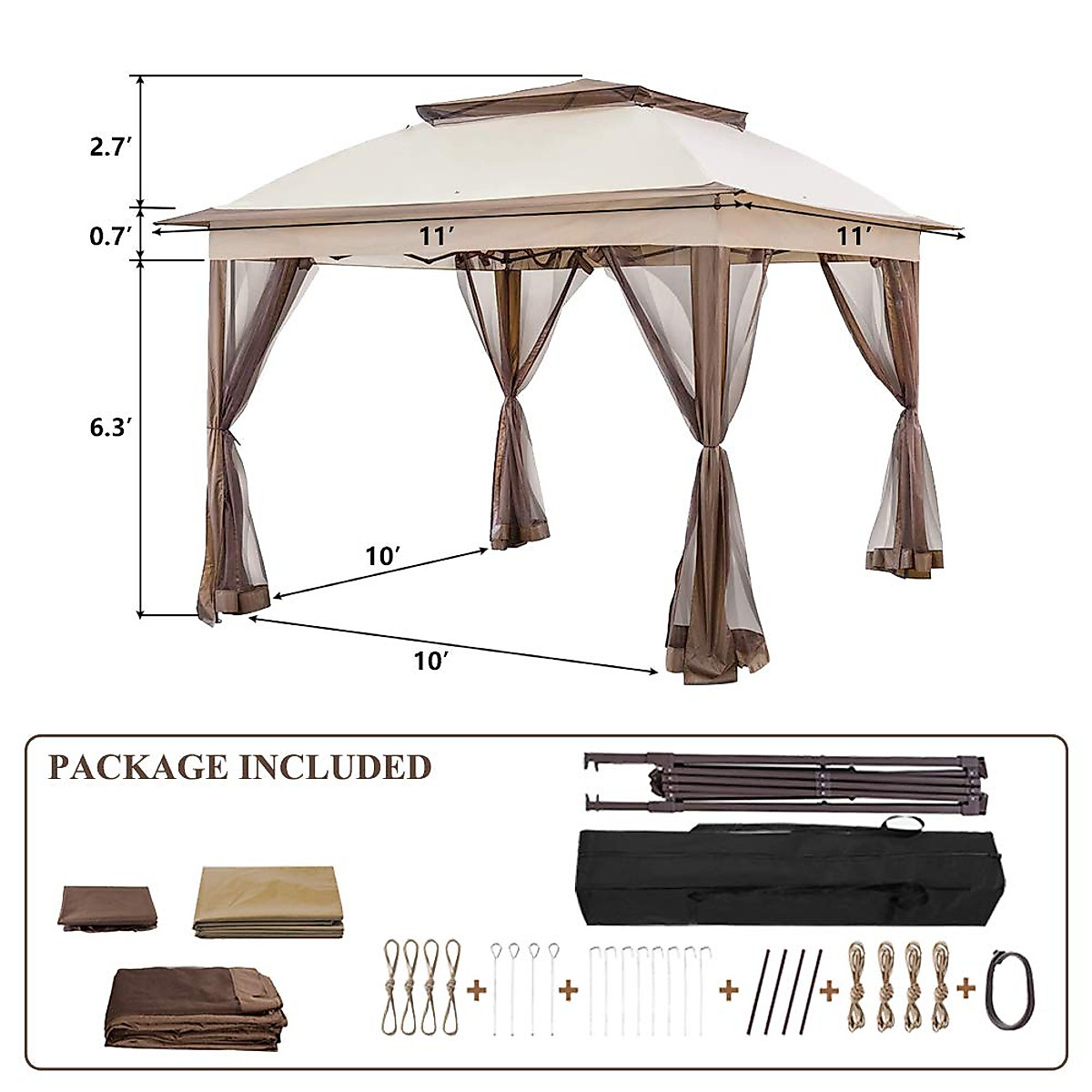 KEDY 11'x11' Pop Up Gazebo with Mosquito Netting, Outdoor Canopy Gazebo Tent for Patio, Deck and Backyard, w/Carry Bag, Beige