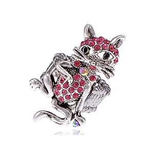 Alilang Silvery Tone Shine Pink Crystal Rhinestones Cute Cat Animal Adjustable Ring