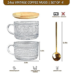 4 Pcs Vintage Glass Coffee Mugs, Overnight Oats Containers with Lids and Spoons, 14oz Clear Glass Tea Cups, Cute Coffee Bar Accessories, Iced Coffee Glasses, Ideal for Cappuccino, Tea, Latte, Oats