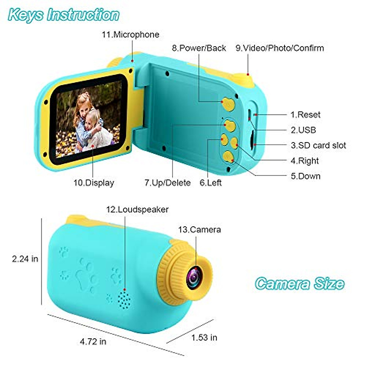 GKTZ Kids Video Camera Digital Camera Camcorder Birthday Gifts for Boys and Girls Age 3 4 5 6 7 8 9, HD Children Video Recorder Toy for Toddler with 32GB SD Card - Blue