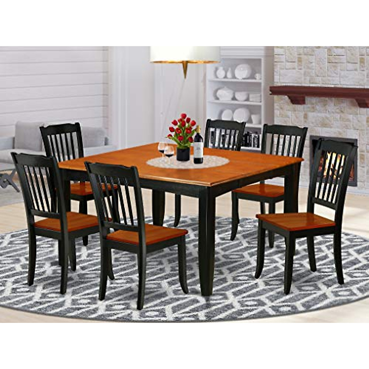 East West Furniture PFDA7-BCH-W 7PC Square 36/54 inch Table with 18 in Leaf and 6 Vertical slatted Chairs
