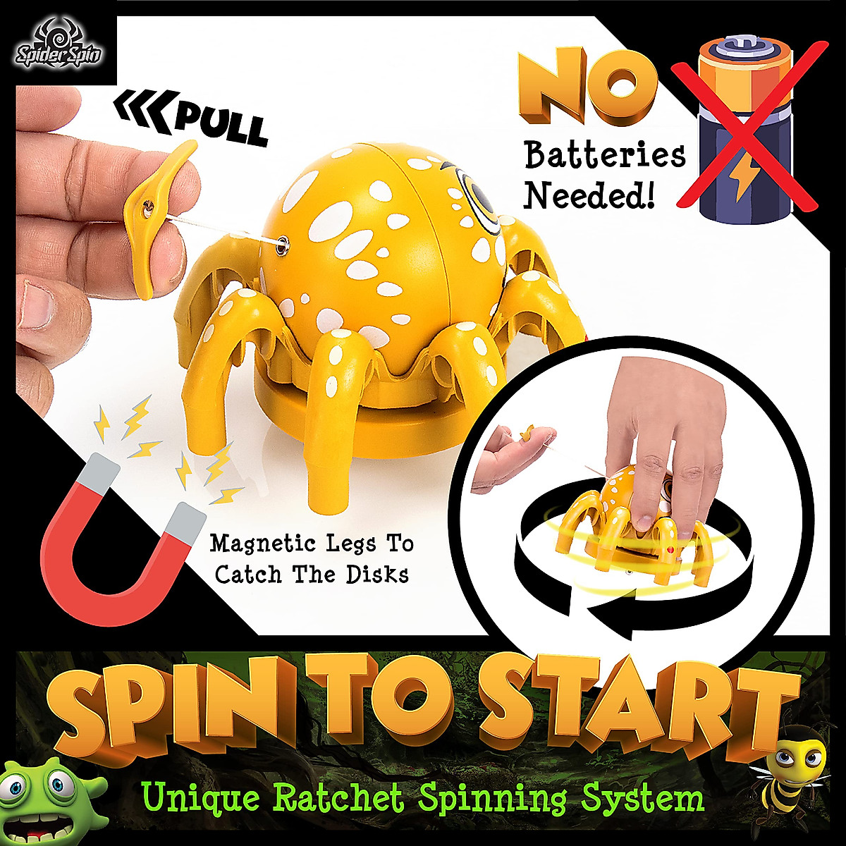 Catchup Toys Spider Spin Game Toy: Kids Magnetic Spin Catch Spider Grabs 10 Added Discs, Choose Cute Evil Design, Multi-Play Levels, STEM, Boys Ages 7+