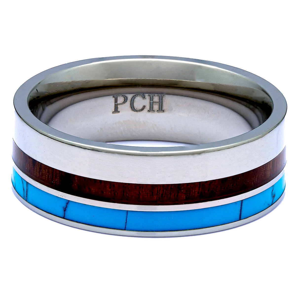 PCH Jewelers Turquoise and Koa Wood Ring set in Titanium High Polish Wedding Bands 8mm Comfort Fit (10)