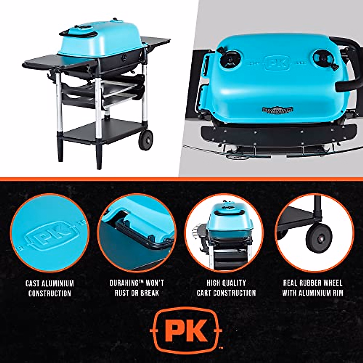 PK Grills BBQ Grill and Smoker Charcoal Grill Portable for Outdoor Barbeque Grilling Camping, Backyard, Patio, Cast Aluminium Grills, Teal, PK Aaron Franklin Addition