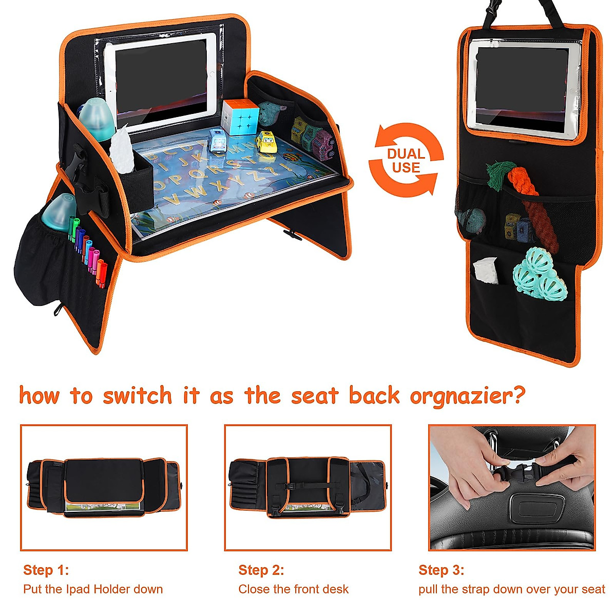 MENZOKE Kids Travel Tray, Car Seat Organizer Toddler with Dry Erase Board Car Lap Desk Table with iPad Holder, Storage Pocket, Kids Active Eating Tray for Road Trip, Airplane, Stroller, Black