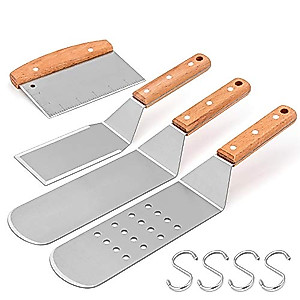HaSteeL Metal Spatula Set of 4, Stainless Steel Griddle Spatula Tools Set with Wooden Riveted Handle, Professional Griddle Accessories Kit for Teppanyaki BBQ Flat Top Hibachi Cooking Grilling