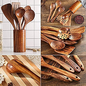 Wooden Spoons for Cooking,7Pcs Wooden Utensils for Cooking Teak Wooden Kitchen Utensil Set Wooden Cooking Utensils Wooden Spatula for Cooking