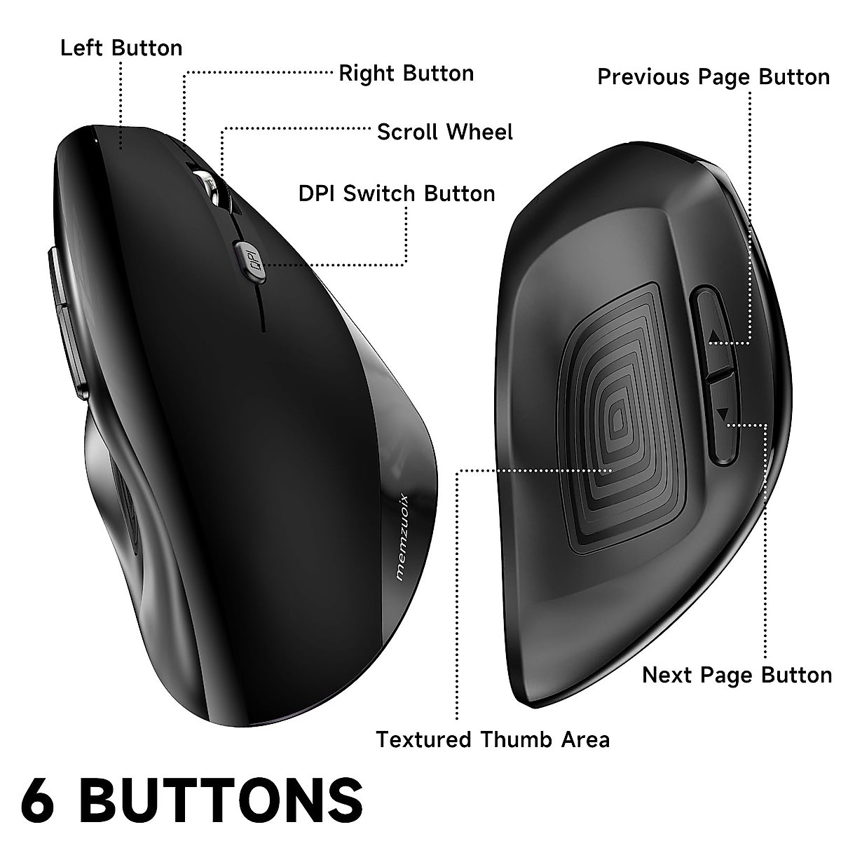 memzuoix Wireless Ergonomic Mouse,Upgraded 2.4G Optical Cordless Mice with 800/1200/1600 DPI,Vertical Computer Wireless Mouse for Laptop,Mac,PC,Desktop (for Right Hand,Large),Black Mouse