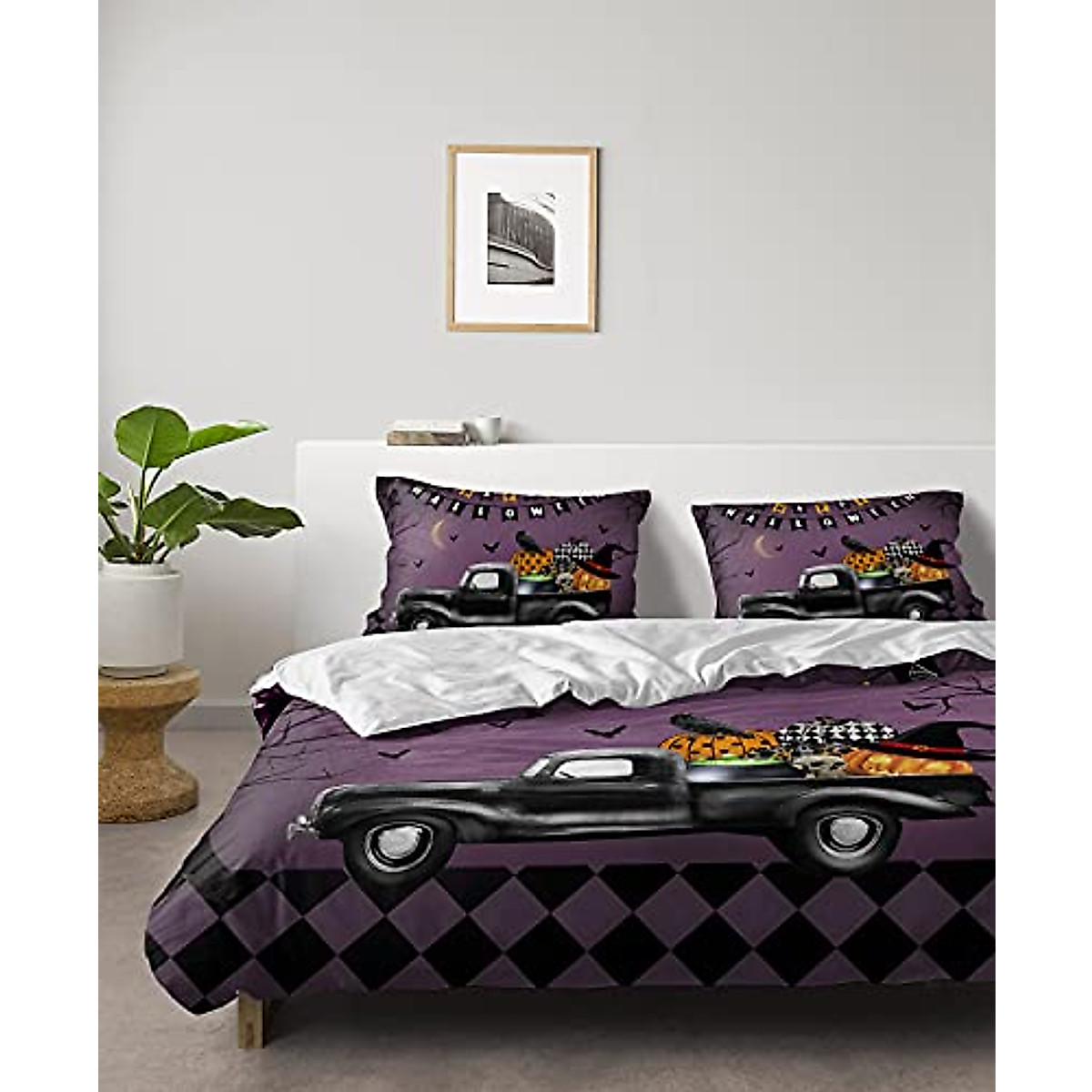 Halloween Pumpkin Ghost Face Black Truck Duvet Cover Sets 4 Piece Full Ultra Soft Bed Quilt Cover Set for Kids/Teens/Women/Men,Bat Dead Trees Plaid Bedding Collection All Season Use