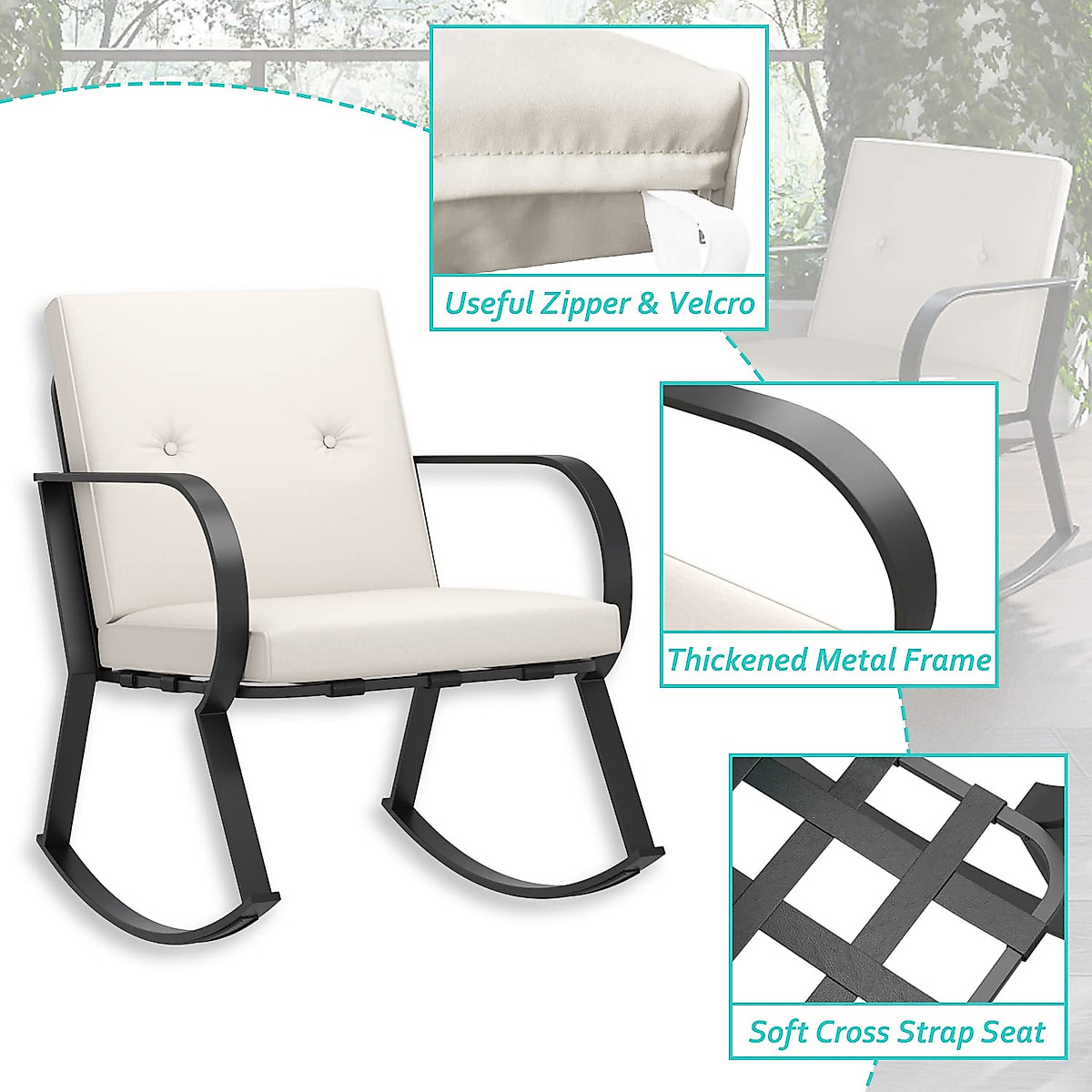 Flamaker Patio Chairs 3 Piece Outdoor Rocking Chairs Upgraded Metal Bistro Set with Thickened Cushions & Coffee Table Modern Patio Furniture for Porch, Balcony and Lawn (Beige)