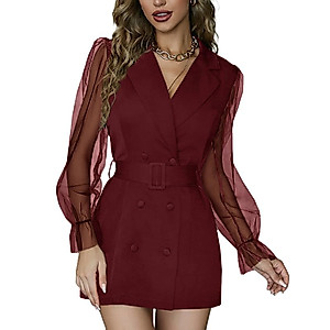 LYANER Women's Elegant Collar V Neck Lace Long Sleeve Blazer Mini Dress with Belt Burgundy Medium