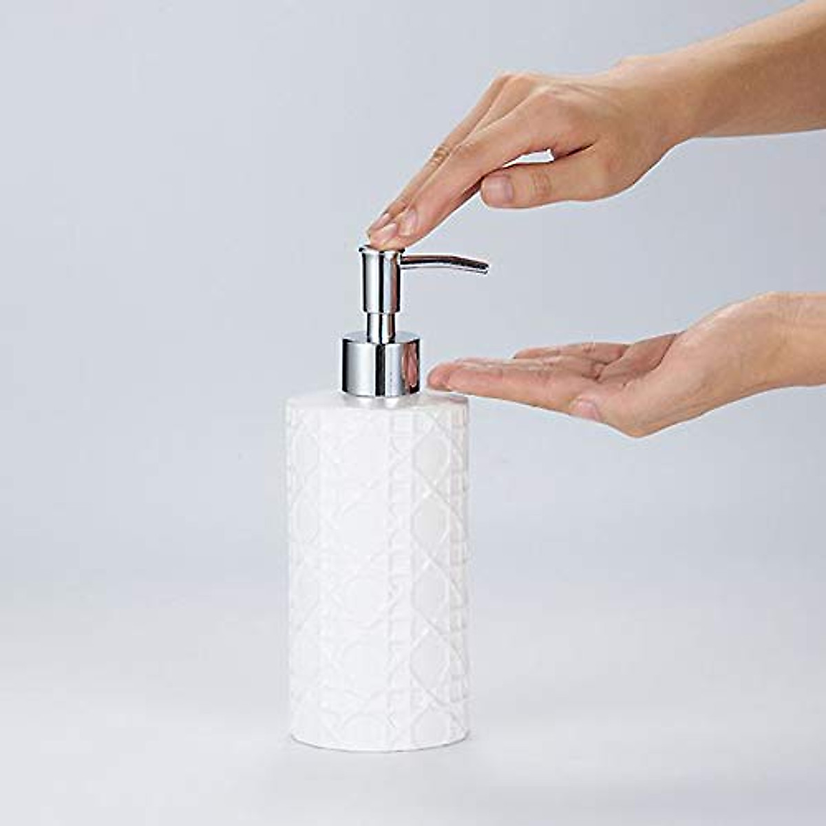 CAA'S Bathroom Accessories Set Ceramic 4 Pieces Bathroom Ensemble for Bath Decor Includes Lotion Dispenser Toothbrush Holder Tumbler Soap Dish (White Netting)