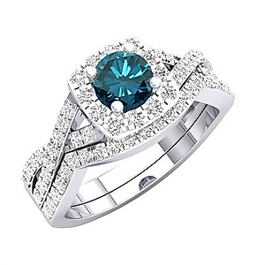 Dazzlingrock Collection 5mm Round Blue Diamond & White Diamond Swirl Style Halo Wedding Ring Set for Women in 14K White Gold, Size 6