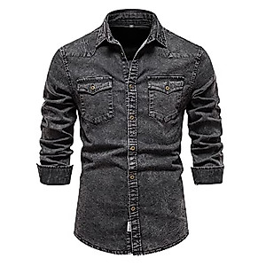 Full Sleeve Scrub Top Men's Washed Classic Slim Pocket Jeans Long Sleeve Shirt Body Suit Men Black