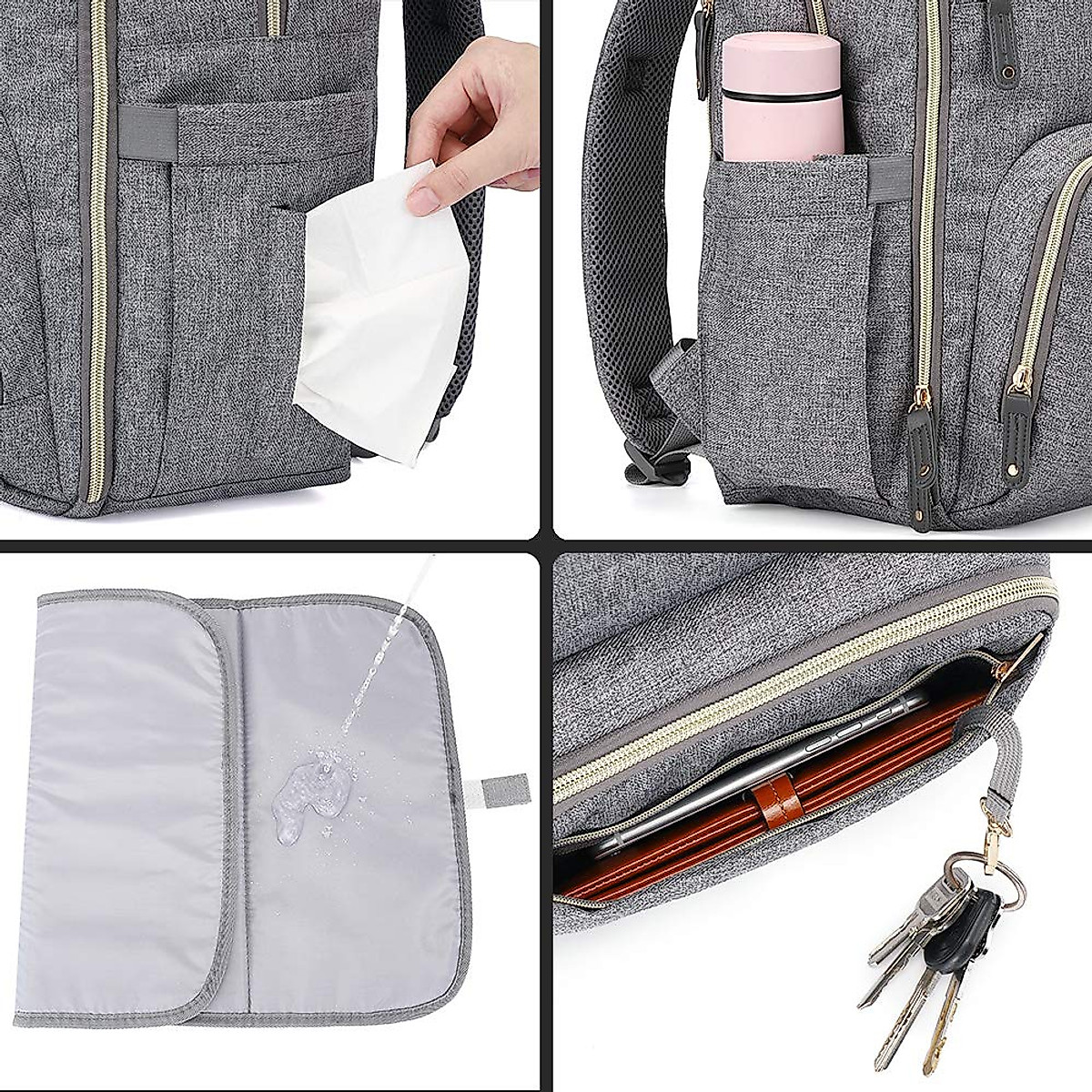 iniuniu Diaper Bag Backpack, Large Unisex Baby Bags Multifunction Travel Backpack for Mom and Dad with Changing Pad and Stroller Straps, Gray