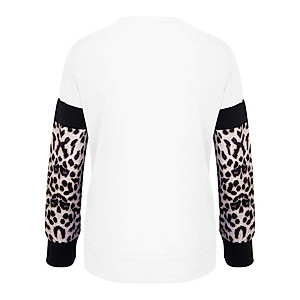 Women's Leopard Blouse Patchwork T-Shirt Autumn Pullover Casual Tunic Long Sleeve Tops (White,M)