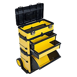 Stackable Rolling Tool Box Organizer with Telescopic Comfort Grip Handle – Mobile Upright Rigid Tool Chest with Wheels and Drawers by Stalwart