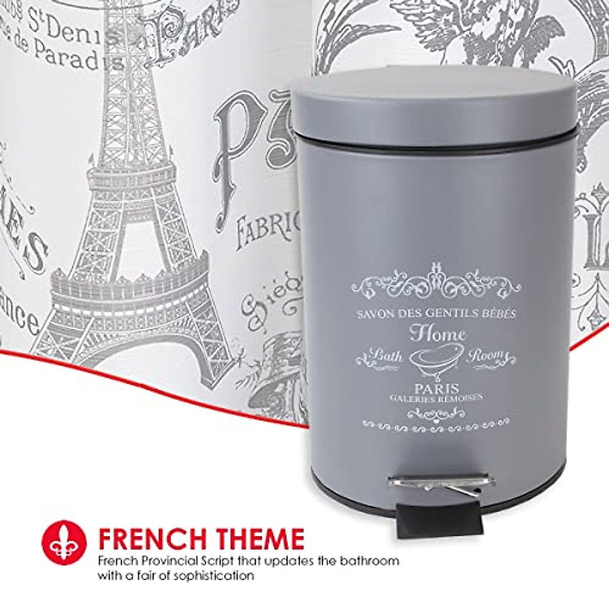 Home Basics Paris Collection Bathroom Accessories, Office, Bedroom, Decorative Waste Basket With Stylish Accent Decor To Complement Any Bathroom, 3 Liter Waste Bin, Grey