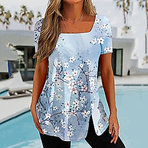 KSODFNXH Womens Summer Blouses Casual Trendy Square Neck Slit Hem Floral Printed Short Sleeve Comfy Fashion Shirts