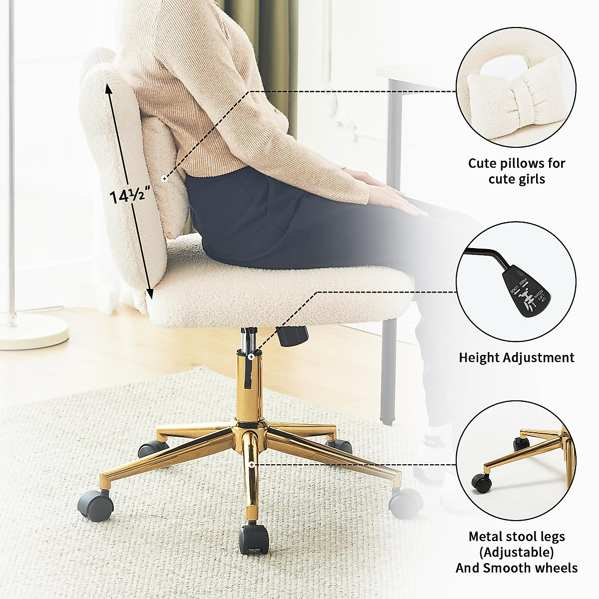 Furnimart Swivel Desk Chair Cute Vanity Chair with Kawaii Backrest & Lumbar Pillow, Armless Comfy Faux Fur Accent Chairs for Bedroom, Makeup Room, Dorm, Teenage Girls (Ivory White)