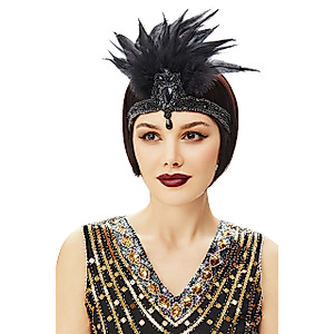BABEYOND 1920s Flapper Headpiece 20s Carnival Feather Headband Crystal Beaded Great Gatsby Hairband 1920s Flapper Gatsby Hair Accessories (black)