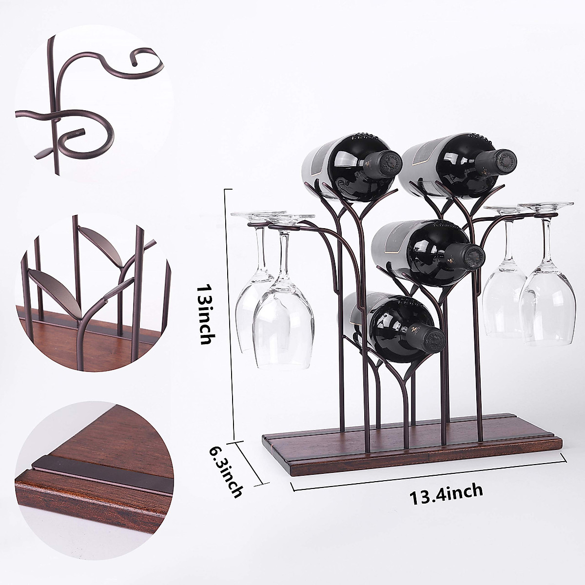 YCOCO Wine Racks Countertop,Tabletop Wood Wine Holder,Freestanding Wine Bottle Holder,Hold 4 Bottles and 4 Glasses,Perfect for Kitchen Home Bar Storage and Cabinet Decor,Bronze