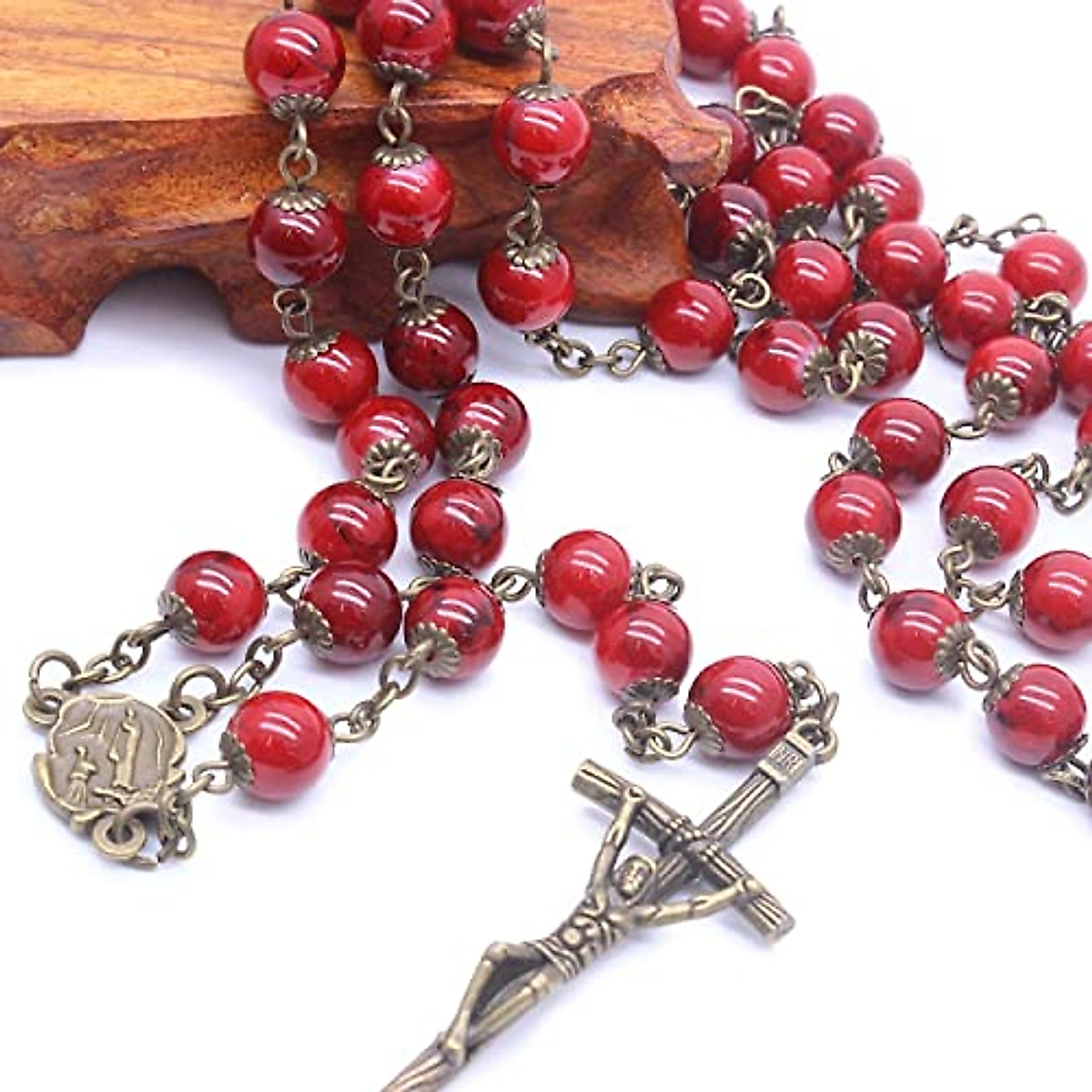 Christmas Deep Red Crystal Beads Rosary Necklace Catholic Prayer Jerusalem Holy Soil Medal Cross Holy Land Antique Religious Rosaries Beads Collection