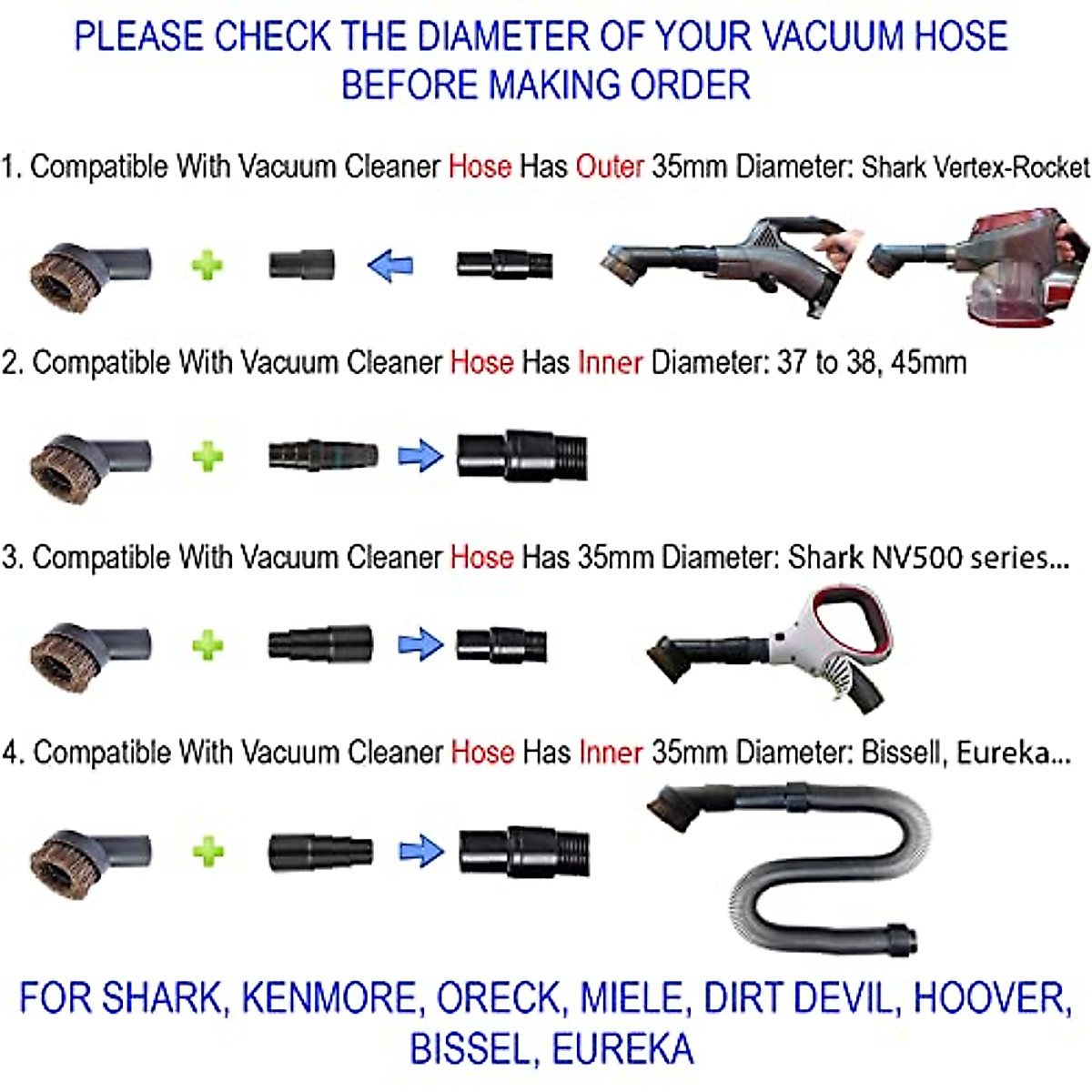 Vacuum Hose Adapter Kit - Vacuum Attachment Adapter Kit Compatible with Miele, Bissell, Kenmore, Shark Rocket and Shark NV500 Series
